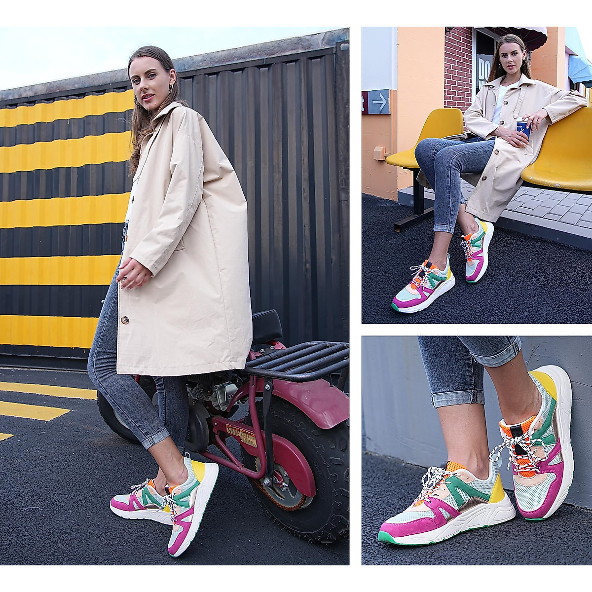 LUCKY STEP Women‘s Fashion Cusual Sneakers Platform Classic Leopard Walking Tennis Travel Shoes Chunky Colorful Lifestyle Sneakers(Fuchsia/Green,8.5B(M) US)