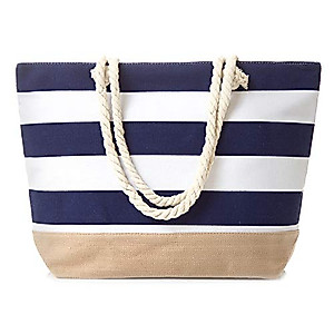Leisureland Canvas Tote Beach Bag, Water Resistant Shoulder Tote Bag (L20"xH15"xW6", Stripe Navy Blue)