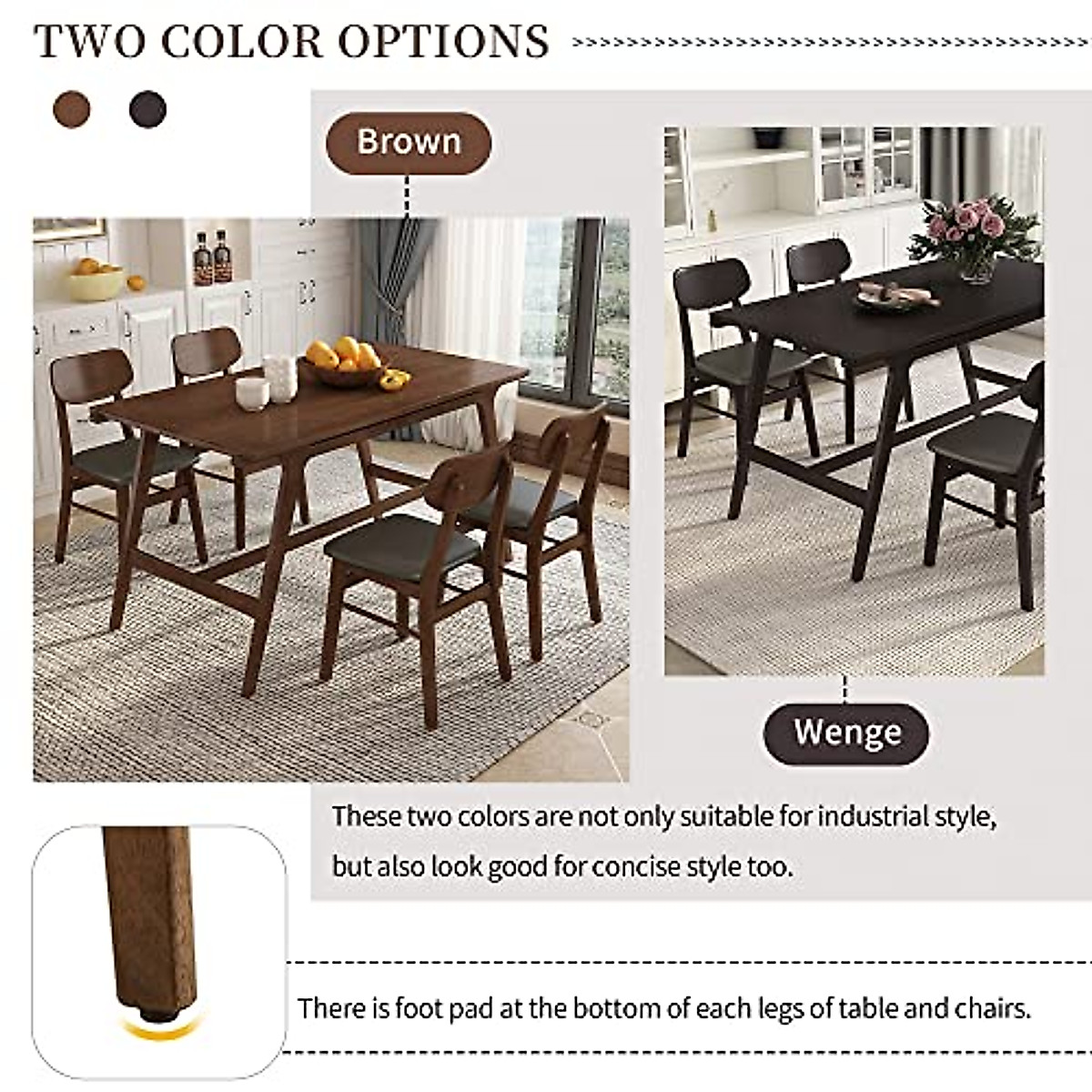 LCH 5 Pieces, Kitchen Faux Leather Chairs, Mid-Century Style Dining Table Set for 4 Persons, Easy to Clean and Assemble (Brown)