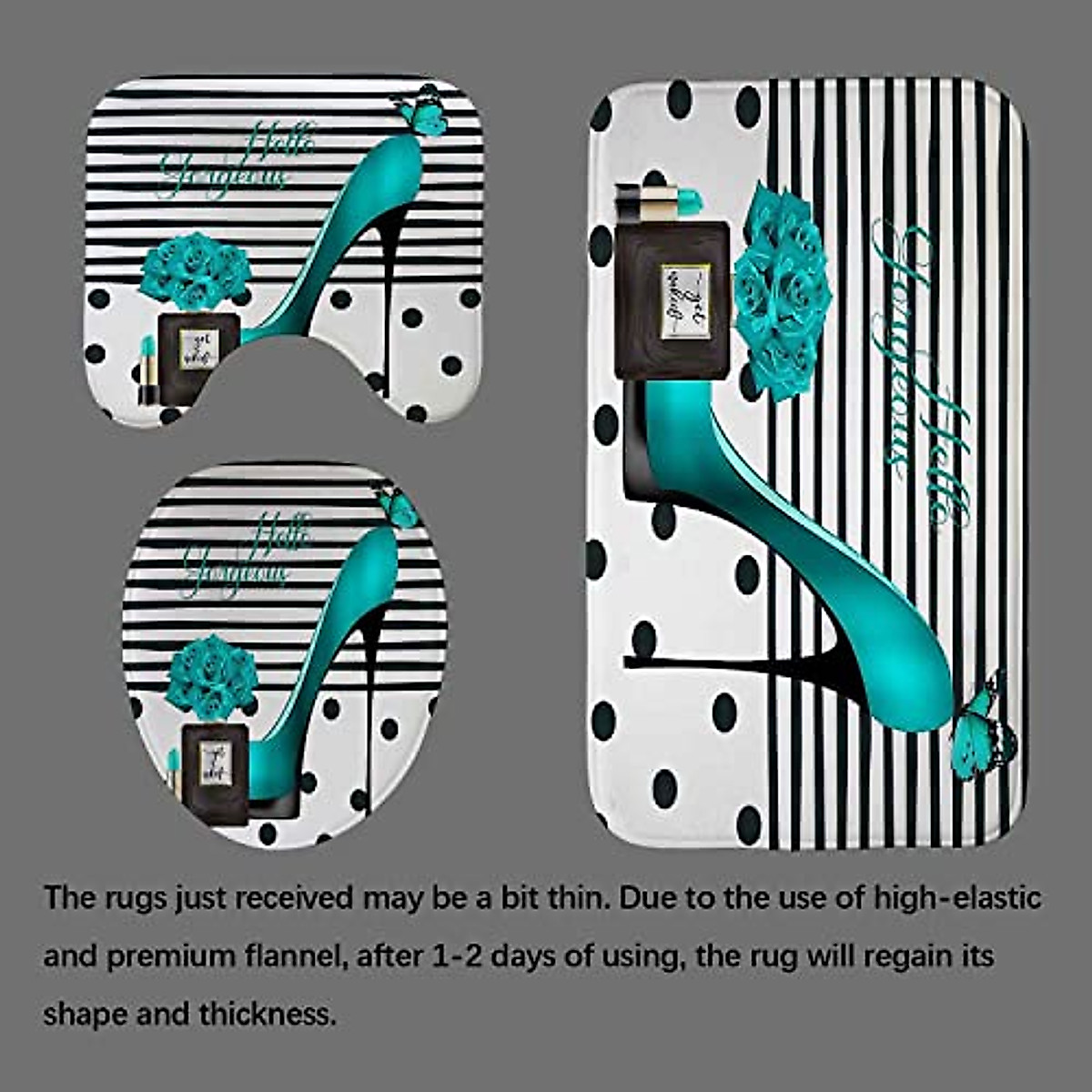 SKAILIÉ 4PCS Teal High Heels Shower Curtain Set, Hello Gorgeous Turquoise Rose Butterfly Lipstick Perfume Makeup Black and White Striped Polka Dot Modern Fashion Girl Bathroom Decor, Non-slip Bath Mat