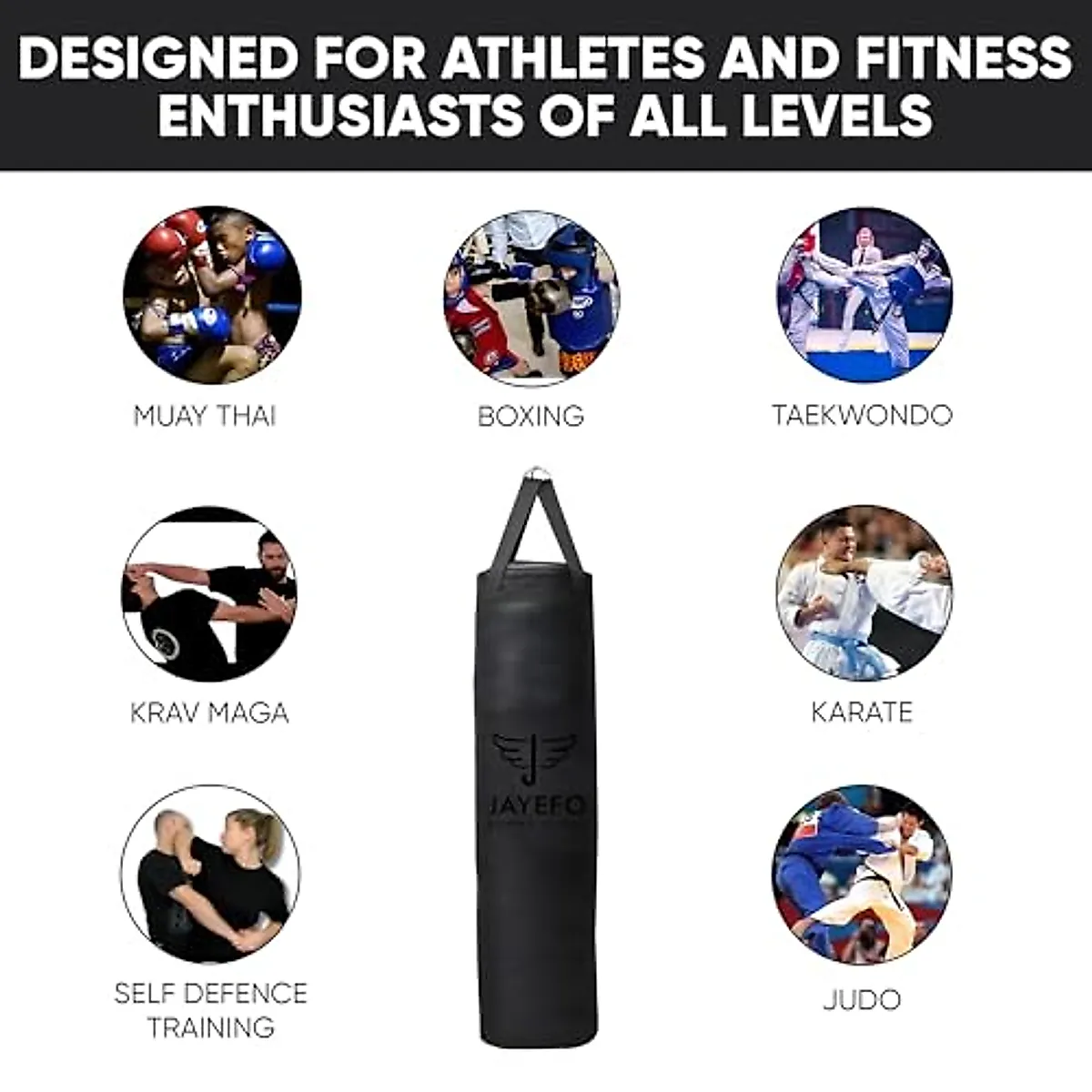 Jayefo Sports Punching Bag - Hanging Boxing Bag for MMA, Karate, Judo, Muay Thai, Kickboxing, Self Defense Training for Training at Home or Gym - Unfilled Heavy Bag 70 to 100 lbs - 4FT - Black