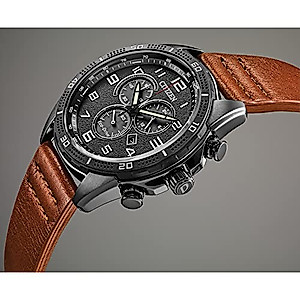 Citizen Men's Eco-Drive Weekender Chronograph Watch in Black IP Stainless Steel with Brown Leather strap, Black Dial (Model: AT2447-01E)