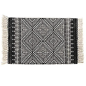 Seavish Cotton Printed Rug 2'W x 3'L Decorative Black and Cream Diamond Symmetry Kilim Small Area Rug Hand Woven Rug for Entryway Thin Throw Rugs for Laundry Room Living Room Dorm