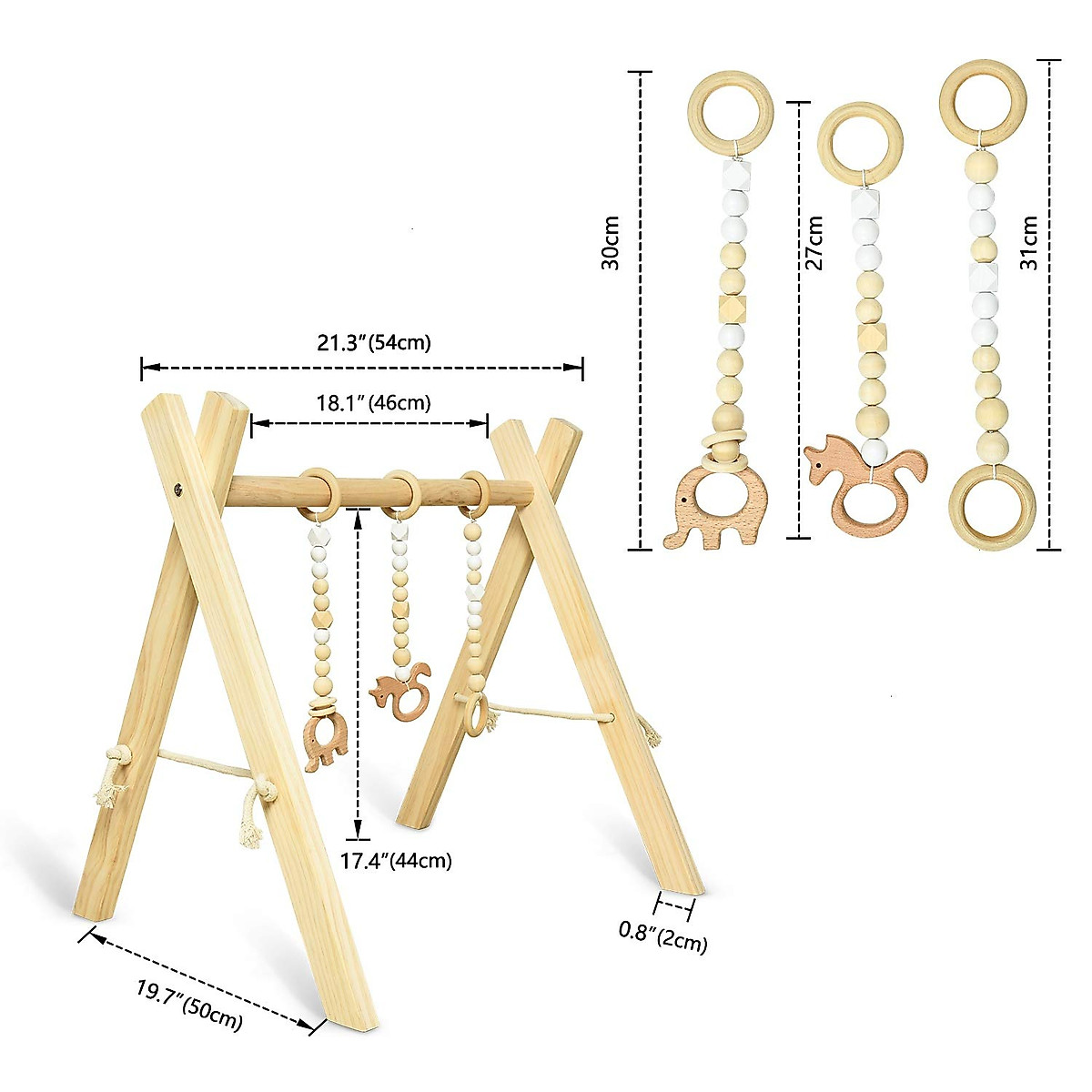 Rocinha Wooden Baby Gym with 3 Wooden Baby Teething Toys Foldable Baby Play Gym Frame Baby Wood Activity Gym Hanging Bar Newborn Gift - Natural Color
