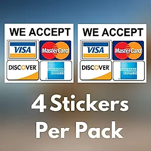 eSplanade We Accept Visa, MasterCard, Amex and Discover Credit Cards Sign Sticker Decal - Easy to Mount Weather Resistant Long Lasting Ink (Size 4" x 4")
