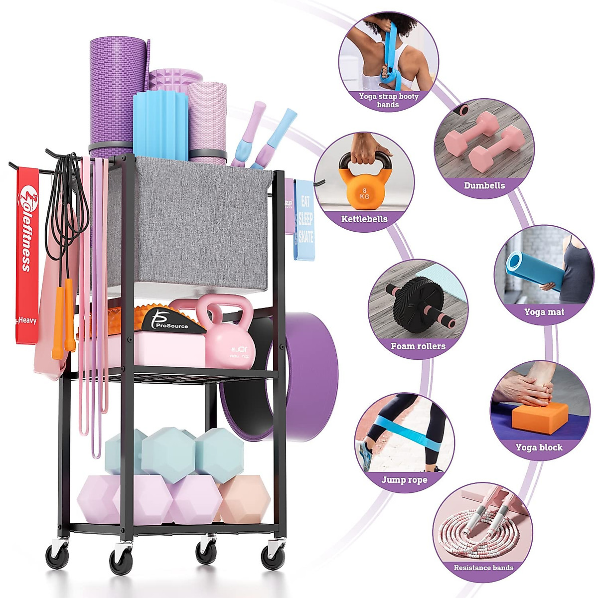 Home Gym Storage Organizer Yoga Mat Storage Workout Storage Organizer,Home Gym Storage Exercise Rack Gym Accessories with Hooks and Wheels