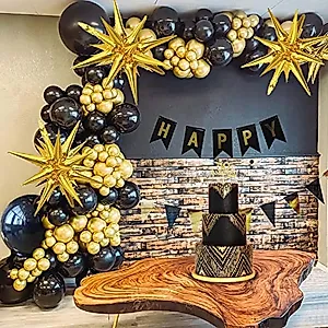 Gold and black balloons Garland Arch Kit 133PCS with Starburst foil balloons for Wedding Anniversary new years eve decorations Retirement party Men Bithday Supplies