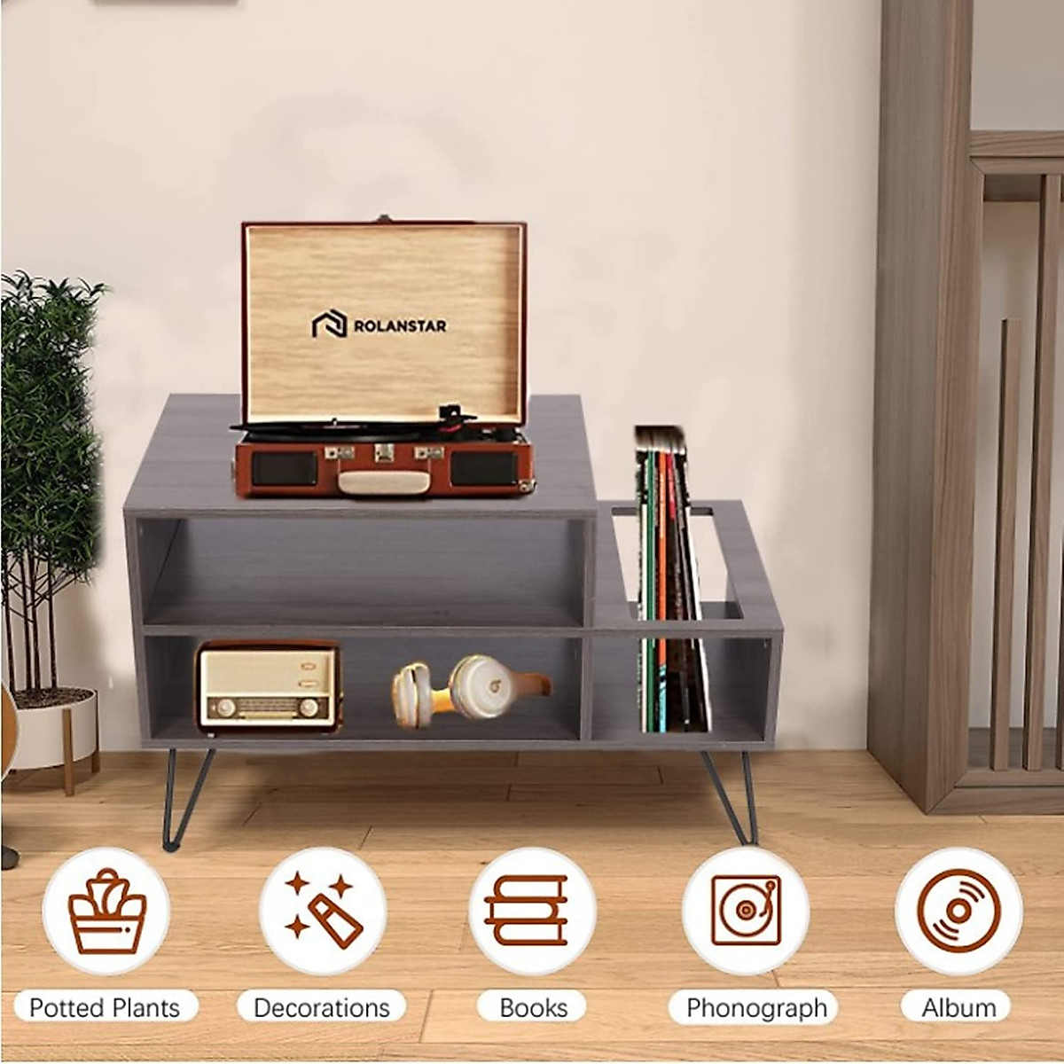 Gtouse Large Record Player Stand with 3 Cabinet, Mid-Century 3 Tier Display Stand Record Storage Turntable Stand Table with Metal Hairpin Legs for Living Room Bedroom Office, 34 x 18 x 21inches