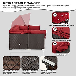 HOMREST 6 Pieces Patio Furniture Sets, Rattan Daybed with Retractable Canopy, Outdoor Sectional Sofa Set with Adjustable Backrest, Chaise Chair Sunbed for Garden Poolside Backyard (Wine Red)