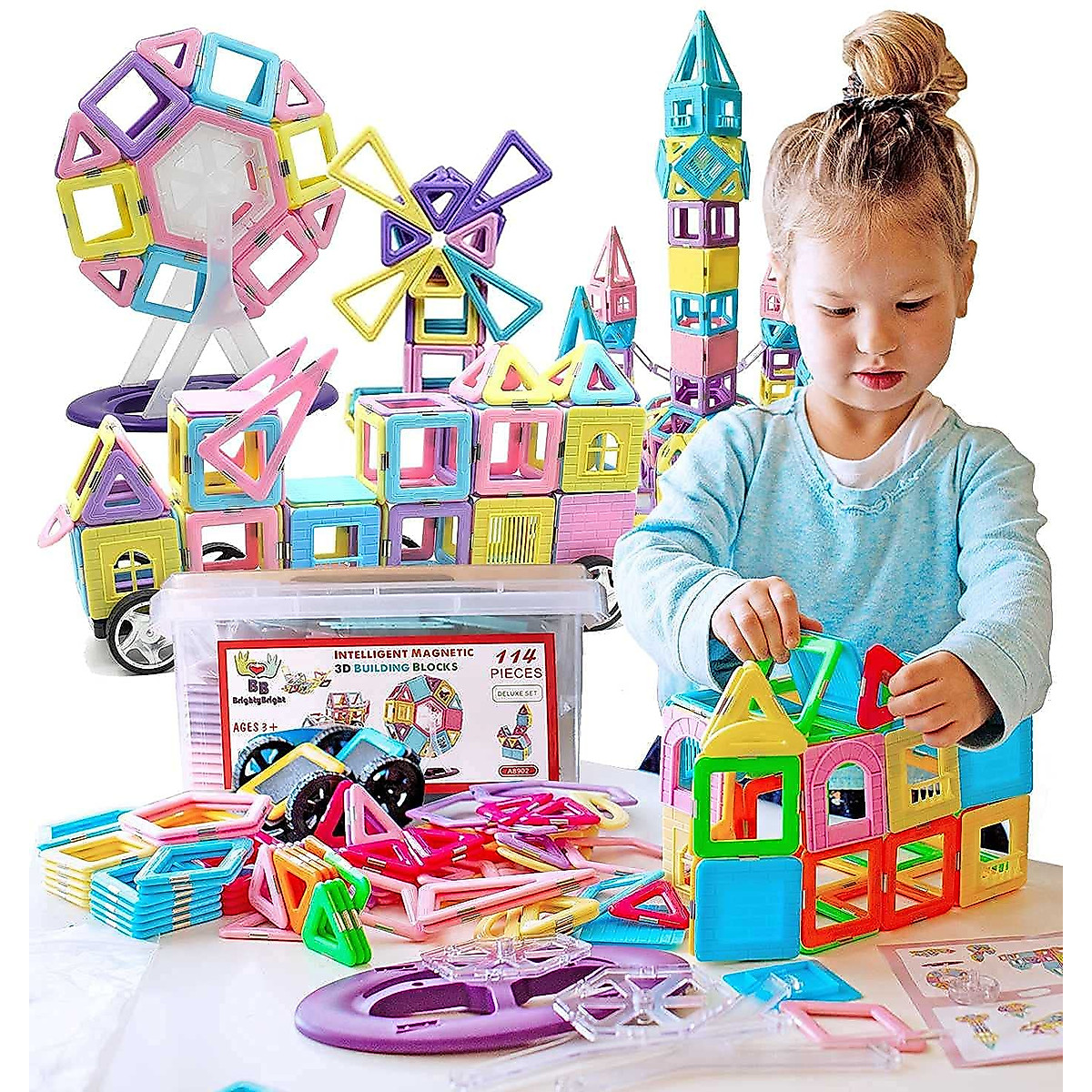 BrightyBright Magnetic Blocks Castle Building Toys Intelligent 3D STEM Educational Game for Kids Toddlers Boys Girls Magnet Tiles Set 114 Pc Best Gifts for Kids, Multicolor