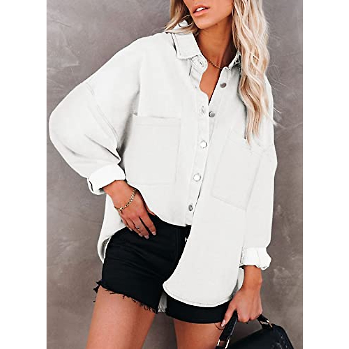 Dokotoo Shacket Jacket Women V Neck Roll Up Long Sleeve Pocket Denim Jean Jacket Shirts Shacket Casual Solid Boyfriend Button Down Blouses with Bust Pockets White L