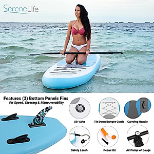 SereneLife Stand up Paddle Board Inflatable - Non-Slip SUP Paddle Board Paddle, Pump, Leash, and Accessories - Fun Water inflatable paddle board for Adults and Youth with Wide Stable Design