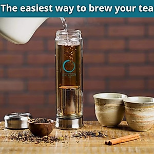 Pure Zen Tea Tumbler with Infuser - Double Wall Glass Travel Tea Mug with Stainless Steel Filter - Leakproof Tea Infuser Bottle with Strainer for Loose Leaf Tea and Fruit Water 13 Ounce