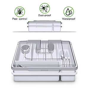 QINOL Silverware Holder with Lid, Double Layer Utensil Tray with Cover Large Flatware Organizer Plastic Cutlery Container for Kitchen Drawer Countertop 10 Compartments, White