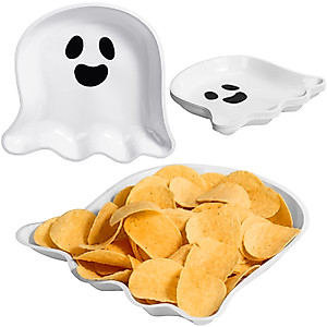 24 Pieces Halloween Party Serving Trays, Plastic Orange Pumpkin Black Cat White Ghost Plates Halloween Party Tableware Party Supplies for Halloween Party Decorations(Ghost)