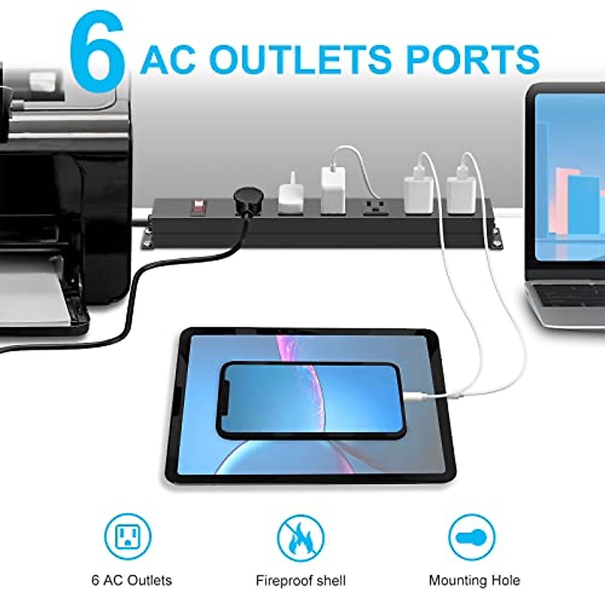 6 Outlets Metal Power Strip, Wall Mount Heavy Duty Power Outlet with Switch, Aluminum Alloy House, 14AWG Power Cord, 15A 125V 1875W, Black (6 FT)