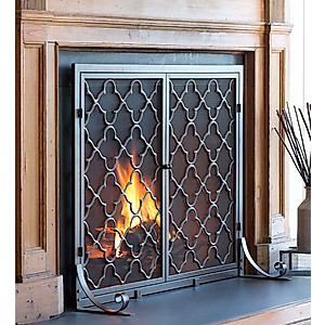 Plow & Hearth Metal Fireplace Screen Geometric Bronze | 44" W x 33" H | 2 - Door | Spark Guard Indoor Grate | Iron Fire Place Cover | Wood Burning Stove Decorative Accessories