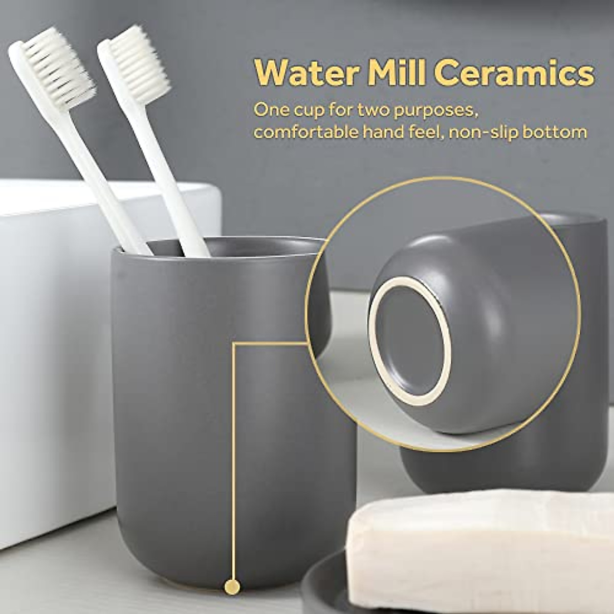EVTHSU Ceramic Bathroom Accessory Set, 4 Pcs Bath Countertop Accessories Decor, Farmhouse Matte Hand Soap Dispenser Set with Liquid Pump Bottles, Tumbler, Soap Dish - Grey