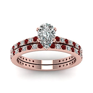 55Carat Classic Delicate Diamond Wedding Set 14k Rose Gold Plated Created Ruby Pear Shape Red colorWedding Ring Sets Prong Setting in Size 8