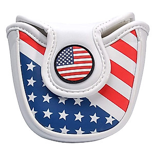 PLUSKER USA Golf Club Mallet Putter Cover Magnetic Closure American Flag Stars and Stripes Pattern Design Leather Patriotic Head Cover