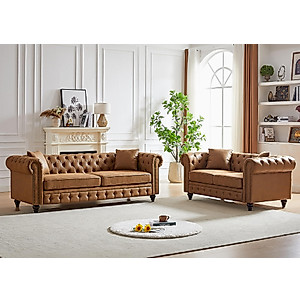 Mid Century Modern Couch,85.5" High-tech Fabric Button Tufted Oversized Loveseat Sofa w/ Nailhead Trim&Roll Armrest,Upholstered Comfy Deep Seat Chesterfield Sofa for Living Room,Office(3 Seater,Brown)