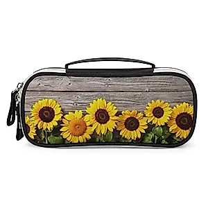 Autumn Sunflower Planks Printed Pencil Case Bag Stationery Pouch with Handle Portable Makeup Bag Desk Organizer