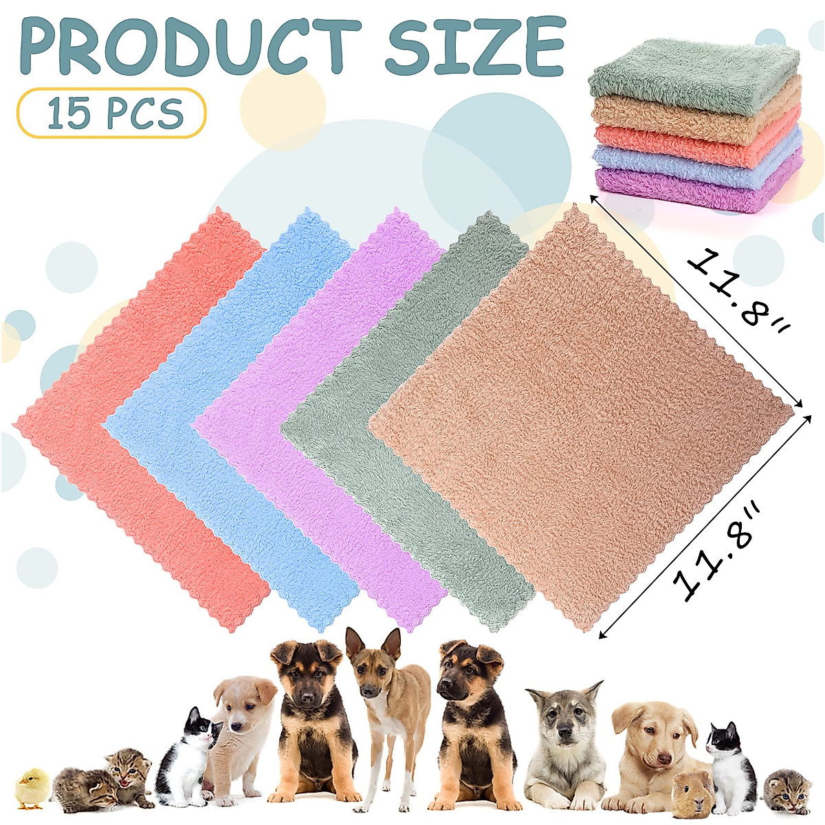 Lyellfe 15 Pieces Guinea Pigs Mat, Soft Hamster Fleece Cage Liners, Small Animals Bedding Mats Bath Towel for Dog Puppy Cat, 11.8 x 11.8 Inch, Mixed Colors
