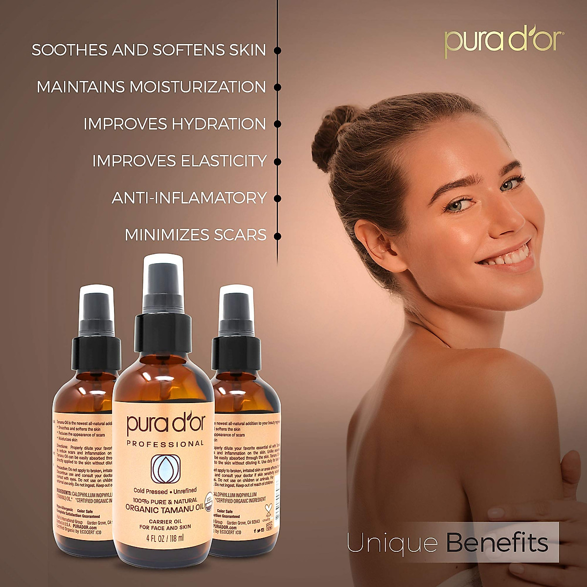 PURA D'OR 4 Oz Organic Tamanu Oil - USDA Certified 100% Pure & Natural Cold Pressed Carrier Oil, Premium Grade Moisturizer Helps Reduce Appearance of Scars & Wrinkles - For Skin & Hair - Men & Women