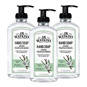 J.R. Watkins Gel Hand Soap with Dispenser, Moisturizing Hand Wash, All Natural, Alcohol-Free, Cruelty-Free, USA Made, Vanilla Mint, 11 fl oz, 3 Pack