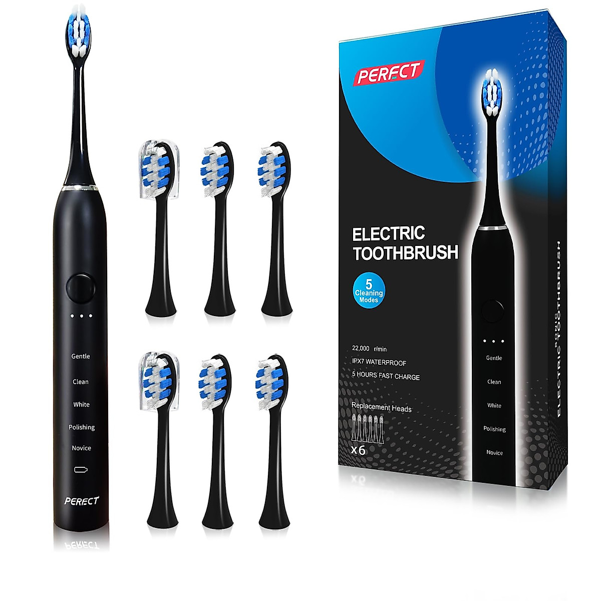 PERECT Sonic Electric Toothbrush for Adults, Rechargeable Sonic Electric Toothbrush with 6 Brush Heads, 1 Charge for 90 Days,IPX7 Waterproof 5 Modes 3 Intensities, Smart Timer, Black