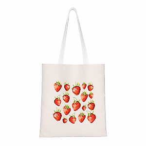 WOAIDY Strawberry Canvas Tote Bag For Women Reusable Grocery Shopping Bags