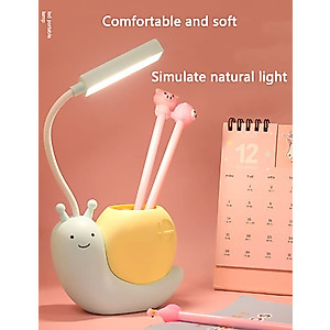 Cute Kids Lamp with Pen Holder,LED Desk Lamp for Child,Snail Shape USB Charging Student Learning Eye Protection Lamp with 360° Bendable Adjustable Neck Yellow