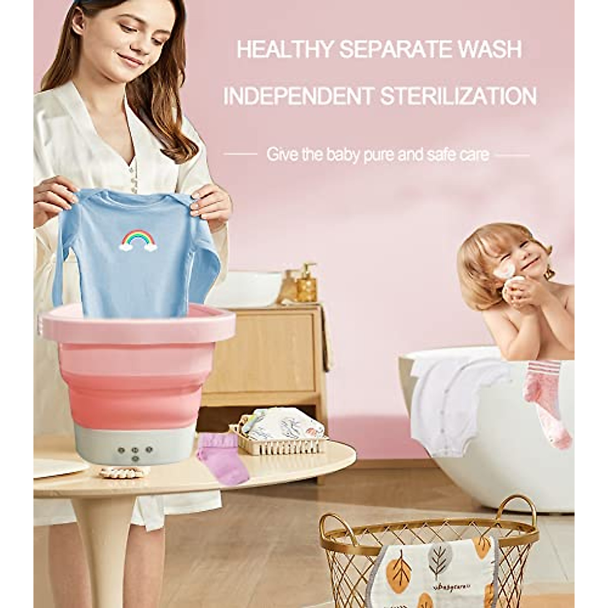Portable Mini Folding Clothes Washing Machine for Baby Clothes/Underwear/Small Item,Lightweight Foldable Turbine Washers with Drain Basket for Home/Apartments/Travel,Pink