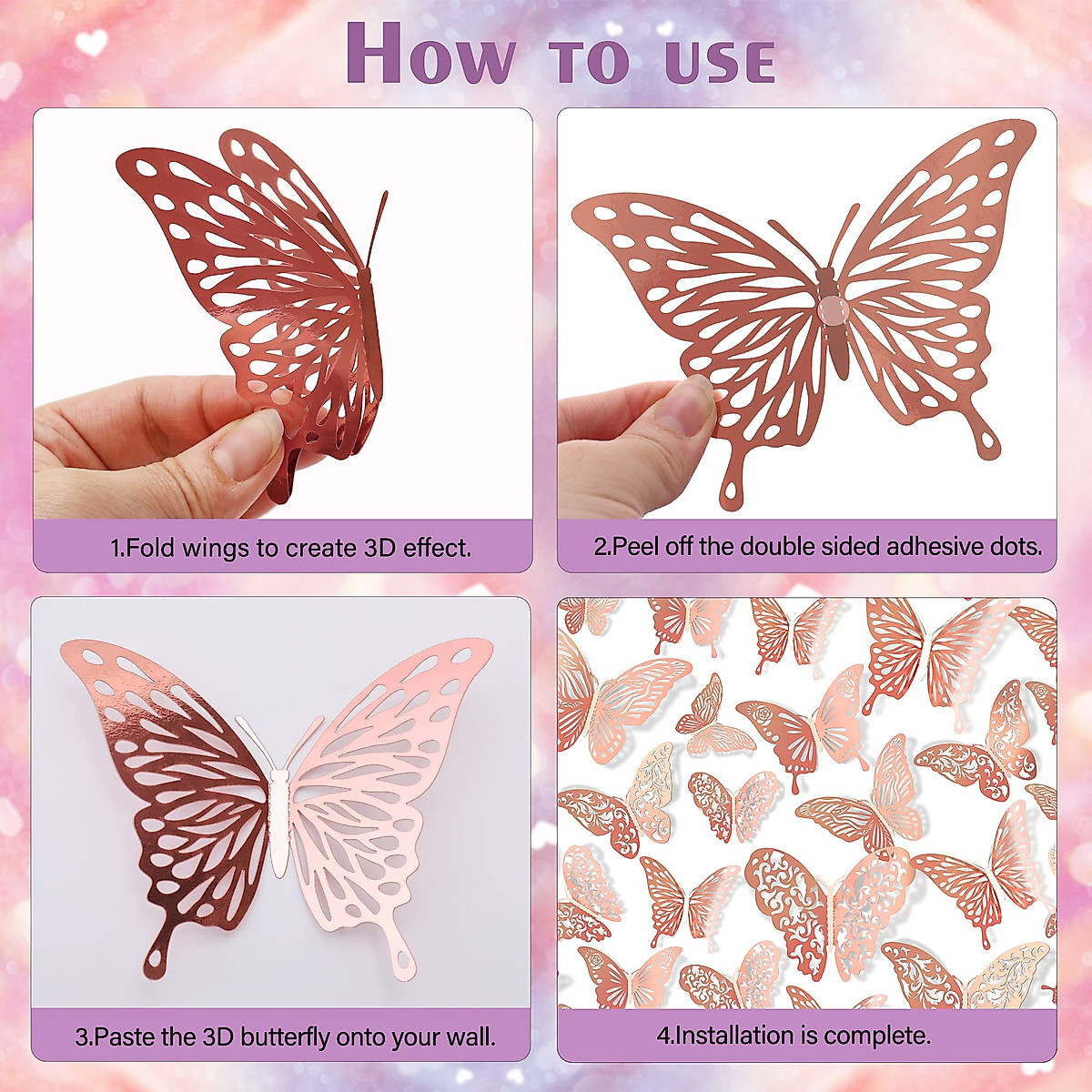 Creative 60PCS Hollow Butterfly Wall Decals 5 Style 3D Butterflies Stickers DIY Removable PVC Refraction Shiny Gold Home Decor for Kids Girl Bedroom Living Room Nursery Playroom Decoration (Rose Gold)
