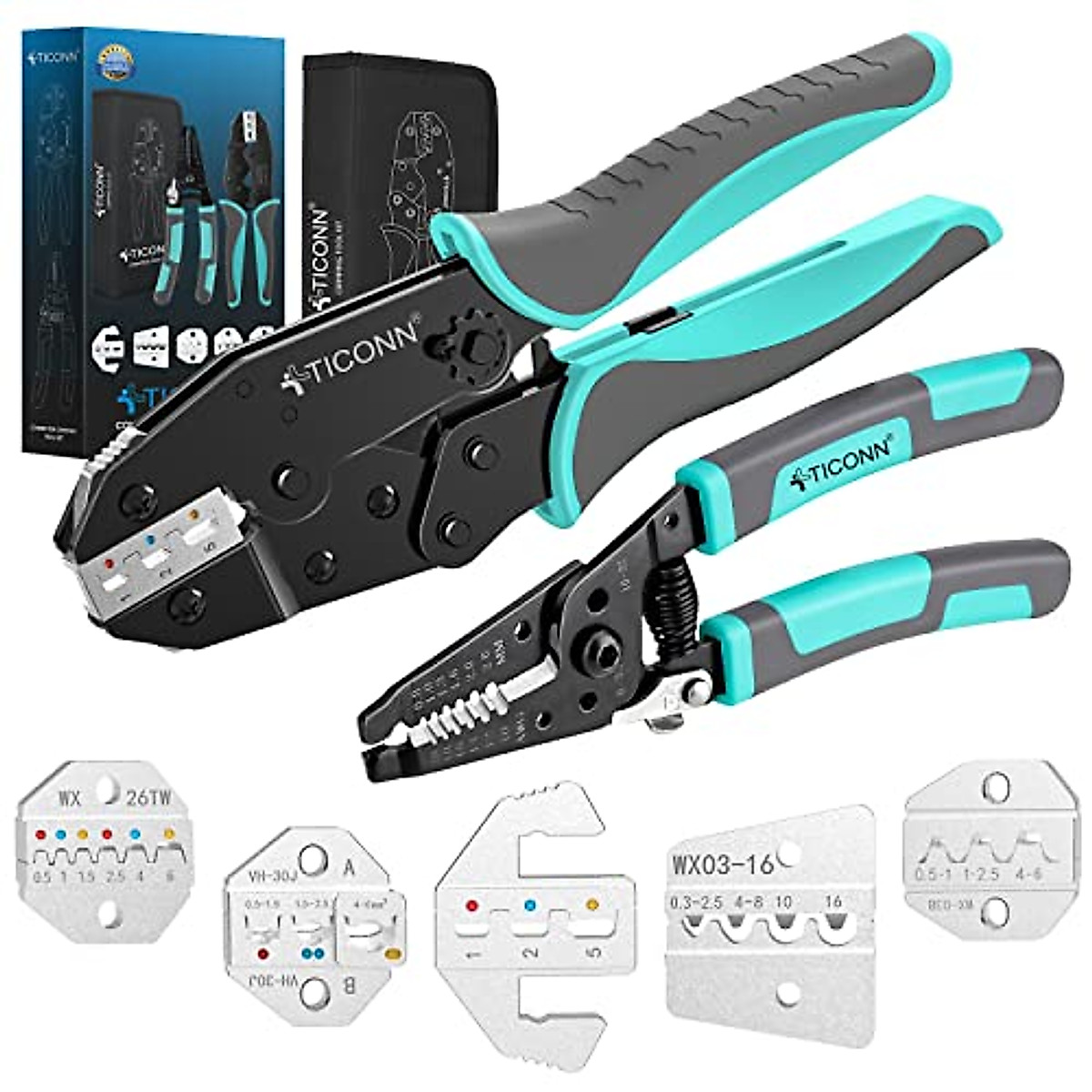 TICONN Crimping Tool for Heat Shrink Connectors - Ratcheting Wire Crimper - Crimping Pliers - Ratchet Terminal Crimper - Wire Crimp Tool (Combo Kit)