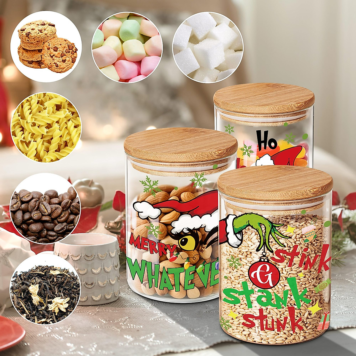 Turgtany Christmas Cookie Jar with Lids, Christmas Kitchen Decor Green, Glass Candy Storage Jars with Airtight Bamboo Lid for Kitchen