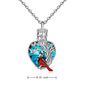Cardinal Urn Necklace for Ashes for Women Tree of Life Cremation Urn Necklace Sterling Silver Heart Crystal Red Cardinal Memorial Keepsake Jewelry Pendant Christmas Gifts