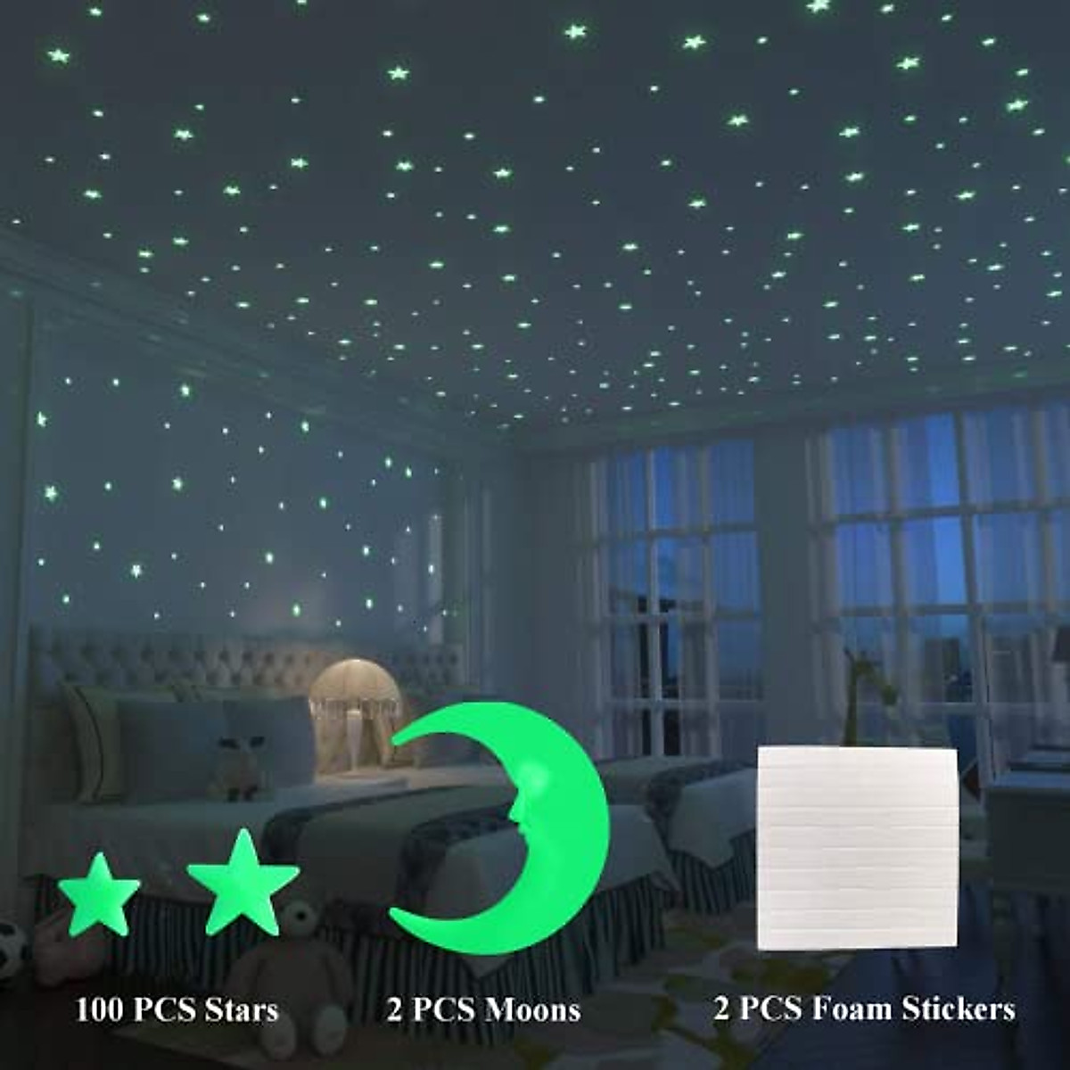 Premium Glow In The Dark Stars Wall Stickers, 100 Glowing Stars And Moon – Perfect Glow Stars for Kids’ Rooms, Ceiling Decorations, Romantic Rooms