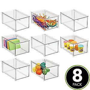 mDesign Plastic Stackable Drawer Organizer Storage Bin with Front Handle - Holder for Crafts, Sewing, Hobby, Art Supplies in Home, Classroom, Office, or Studio - Lumiere Collection, 8 Pack - Clear