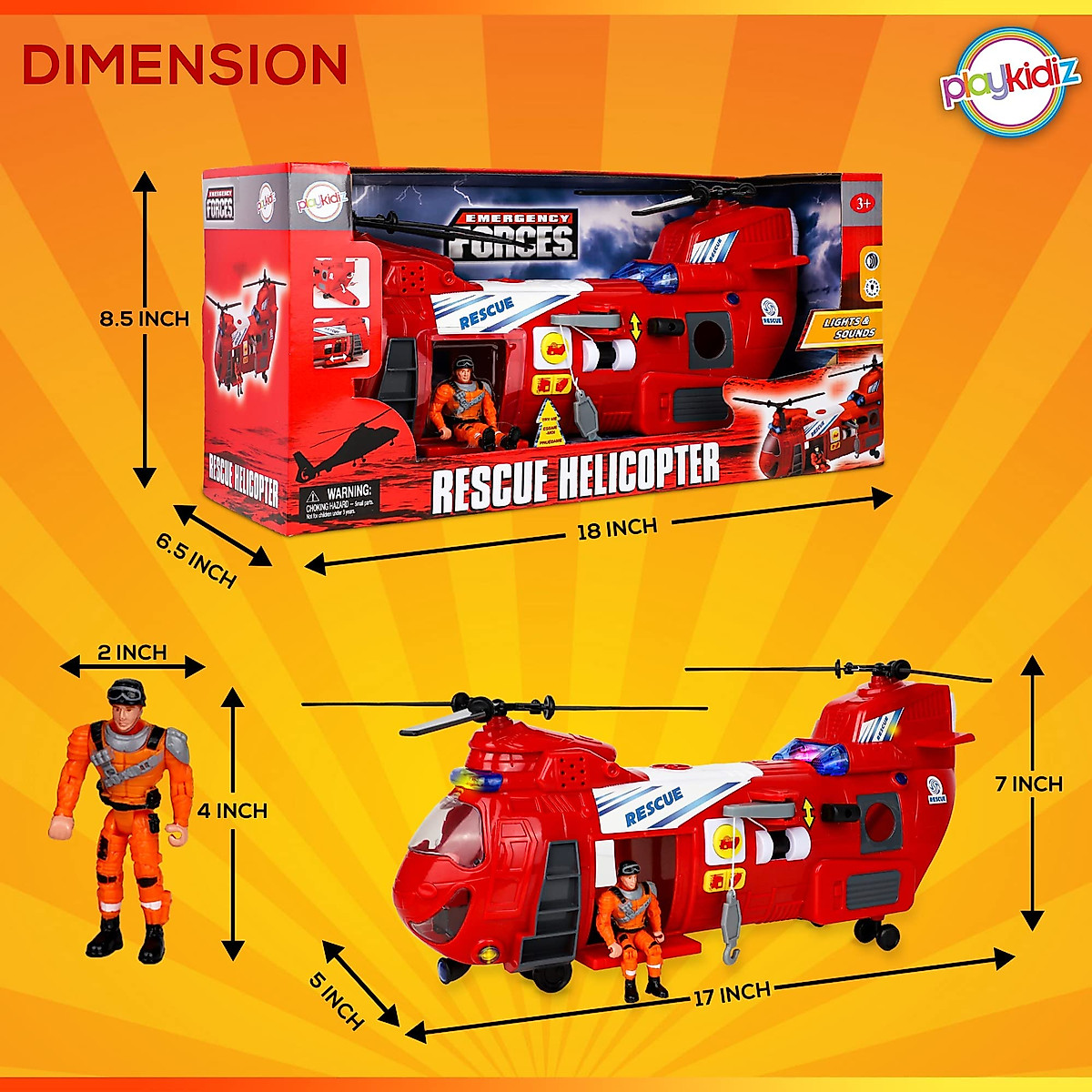 Playkidz Helicopter Toys for Boys, Toy Helicopter for Toddlers, Lights & Sounds, 17" Length, Rescue Role Playset, Play & Learn Toddler Toys Ages 3+