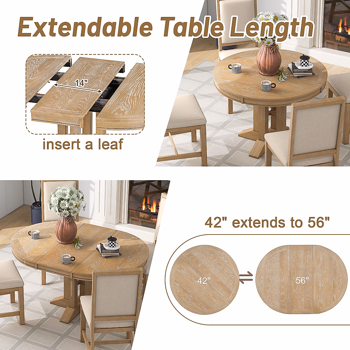 LUMISOL Extendable Round Dining Table Set with Chairs for 4-6 Persons Solid Wood 5 Piece Kitchen Dining Room Table Set for Saving Space, Natural Wood Wash