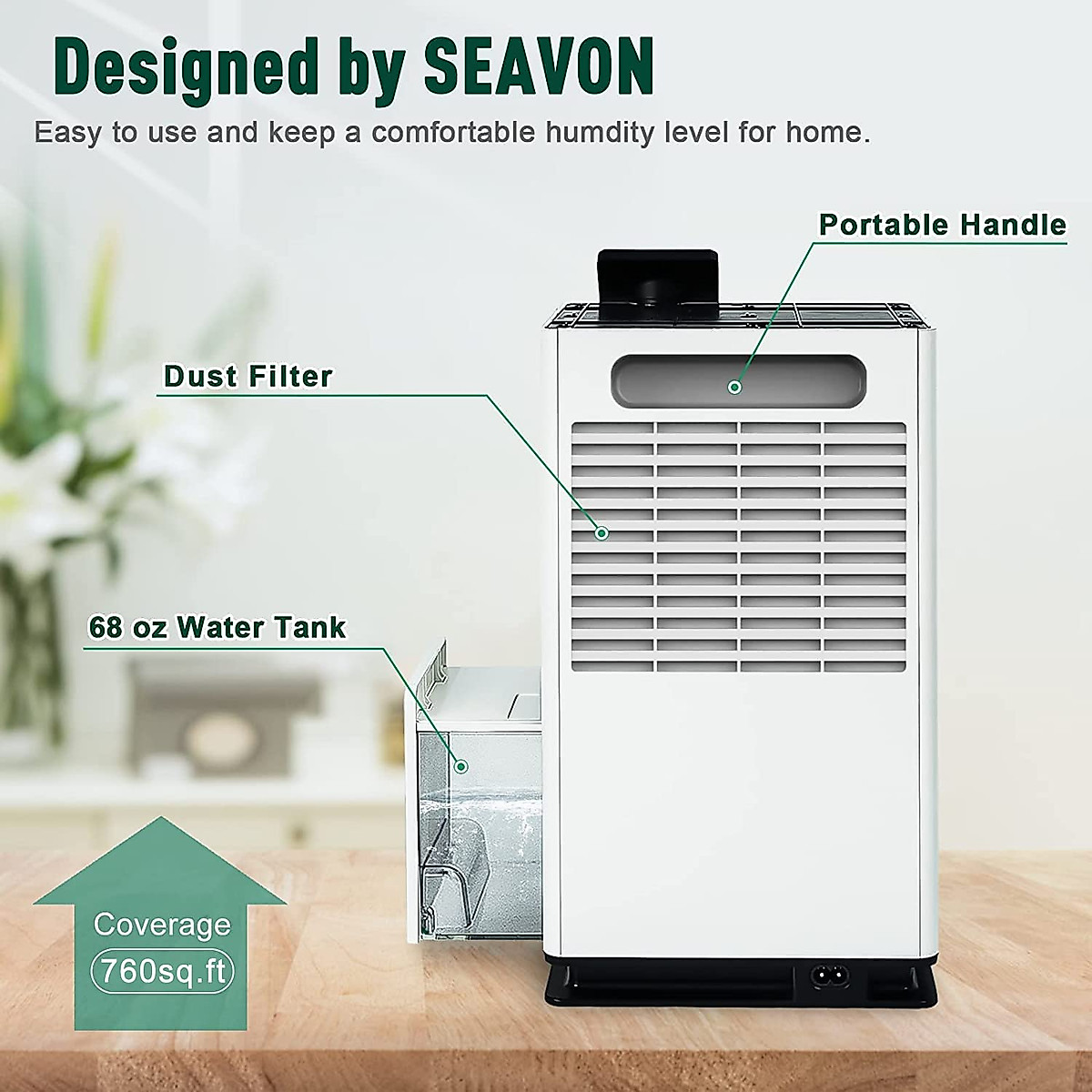 SEAVON 68oz Dehumidifiers for Home with Remote Controller, Ultra Quiet Dehumidifier for 660 sq ft, 2 Speed Modes, Breath Light Mode, Auto-Off, Perfect for Living Room, Bedroom, Bathroom, Closet, RV