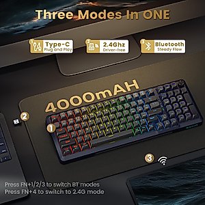 Redragon Mechanical Keyboard Wireless, Gaming Keyboard Wireless 3-Modes 94 Keys Mechanical Keyboard Hot-Swap Socket, RGB Creamy Gaming Keyboard Gasket Structure for PC/Tablet/Laptop/Xbox/PS4