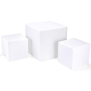 Displays2go Illuminated LED Pub Table Set w/ 2 Cube Stools, 16 Color Options - White (FDLEDSET2)