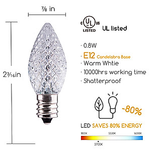 25 Pack C7 Led Replacement Christmas Light Bulb, C7 Shatterproof Led Bulbs for Christmas String Lights, E12 Candelabra Base, Commercial Grade Dimmable Holiday Bulbs, Warm White