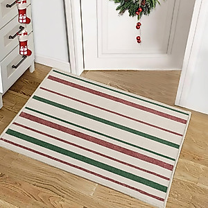 RYB HOME 2x3 Christmas Enterway Rug for Kitchen Bathroom, Small Washable Soft Area Rug for Hallway, None Slip Thin Door Mat with Rubber Backing for Font Door Foyer, 2x3 ft, Green & Red