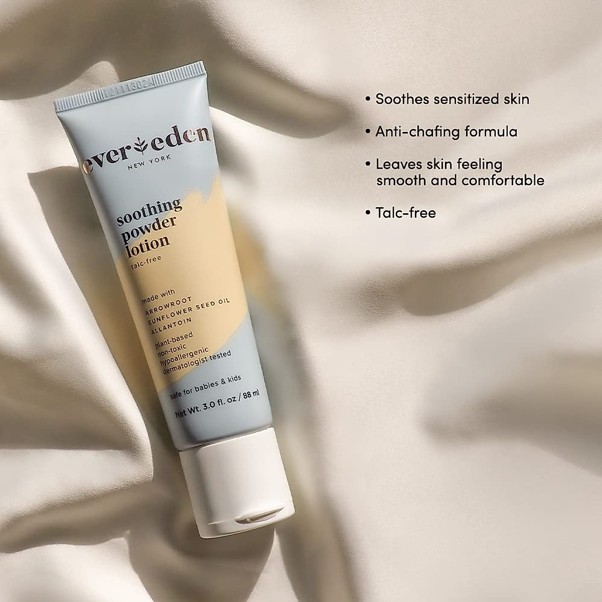 Evereden Soothing Powder Lotion, 3.0 fl oz | Clean and Unscented Baby Diaper Care Cream to Powder | Non-Toxic and Fragrance Free Liquid Baby Powder