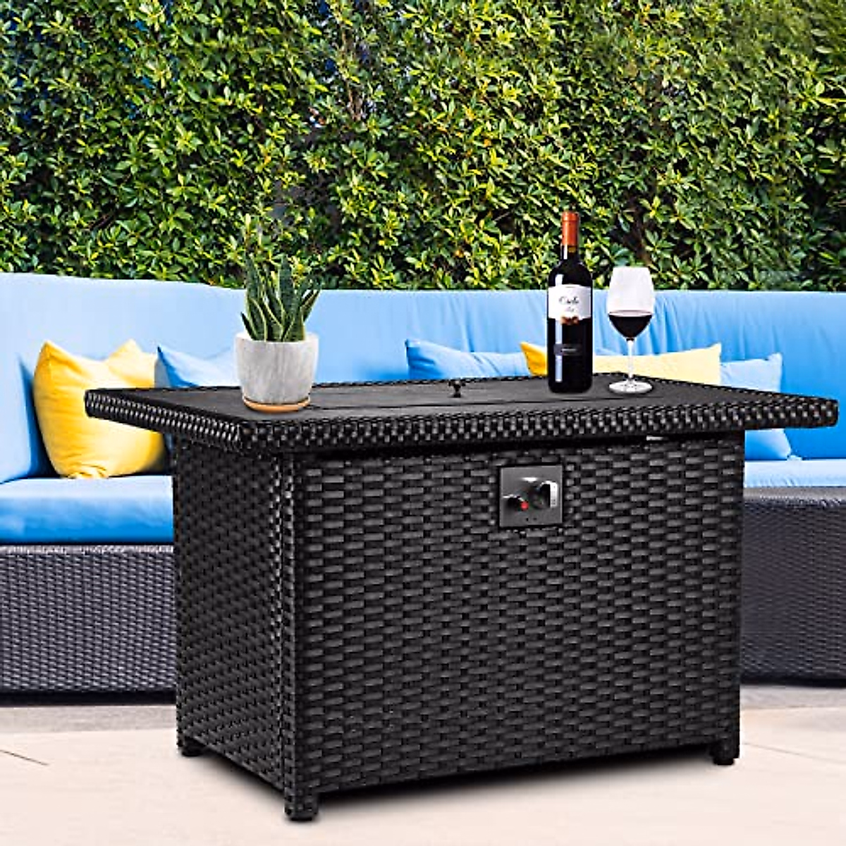 44 in Propane Gas Fire Table Auto-Ignition 50,000BTU， Rectangle Woven Rattan Fire Pit for Outside Patio Garden Deck & Backyard，with Lid and Blue Glass Beads, Glass Wind Guard,CSA Approved(Black)