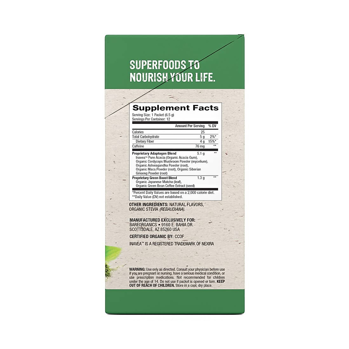 BareOrganics On-The-Go Energy Superfood Water Enhancer — Organic Energy Drink Mix, Set of 12 Packets