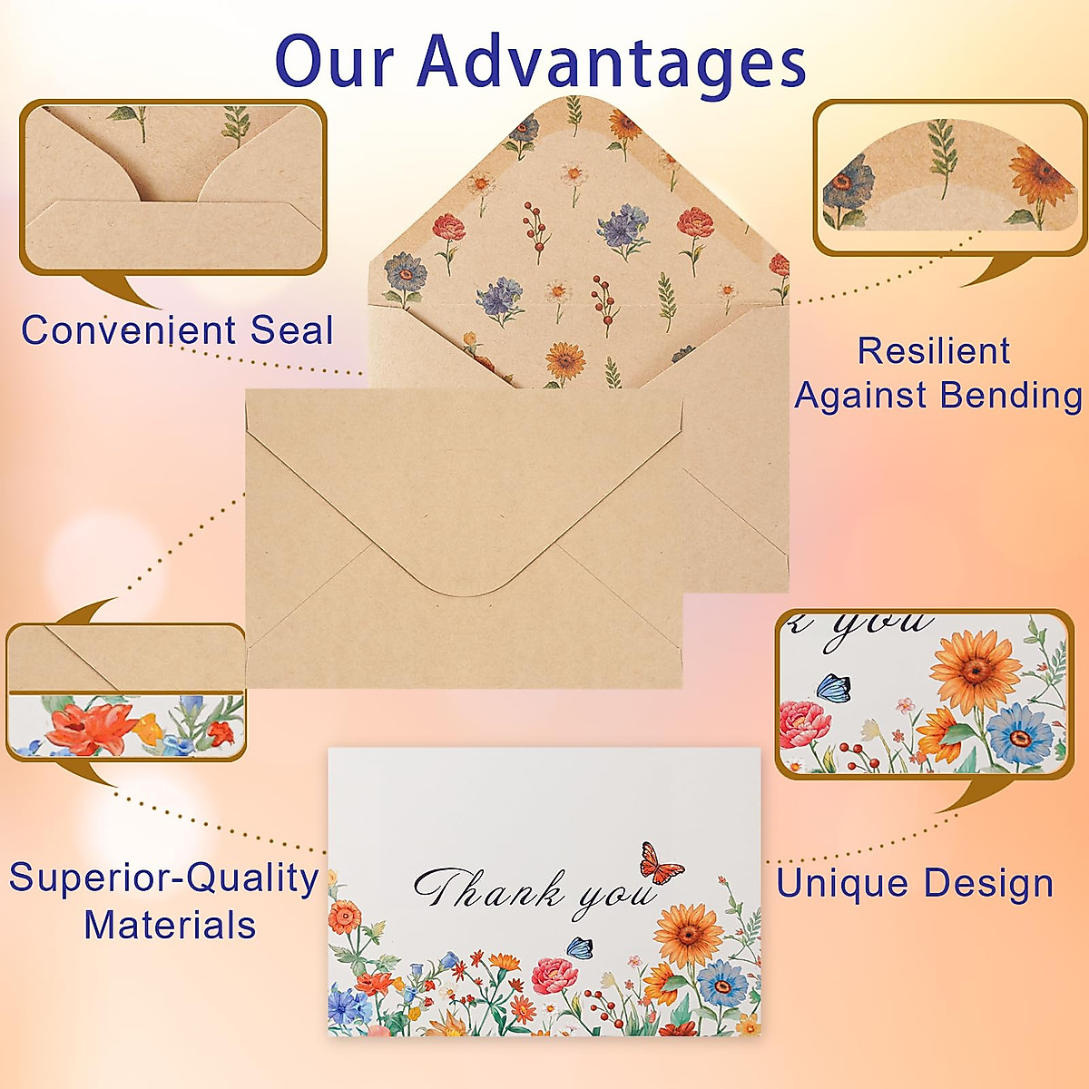 Runyanofamily Wildflower Design Thank You Cards with Kraft Envelopes - Perfect for Wedding, Baby Shower, Bridal Shower and Graduation (Yellow, 24 PCS)